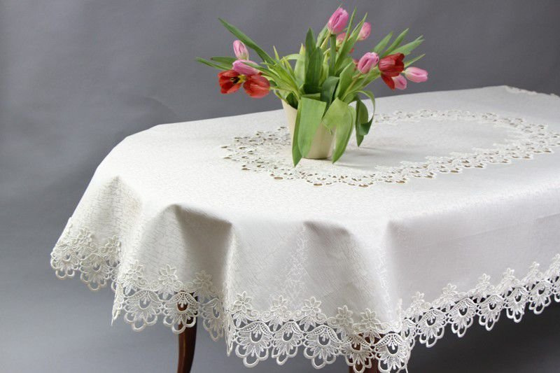 Obrus plamoodporny ecru z gipiurą wzór 1- owalny - 2332 | Sklep e-Obrus.pl